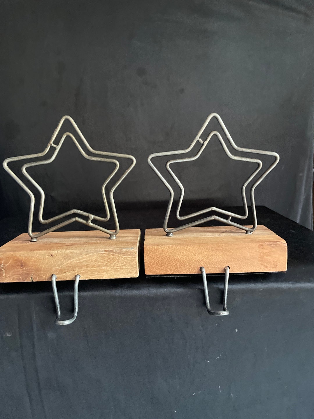 Christmas Mantle Stocking Holders Set (2) Metal Stars on Wood Blocks ...