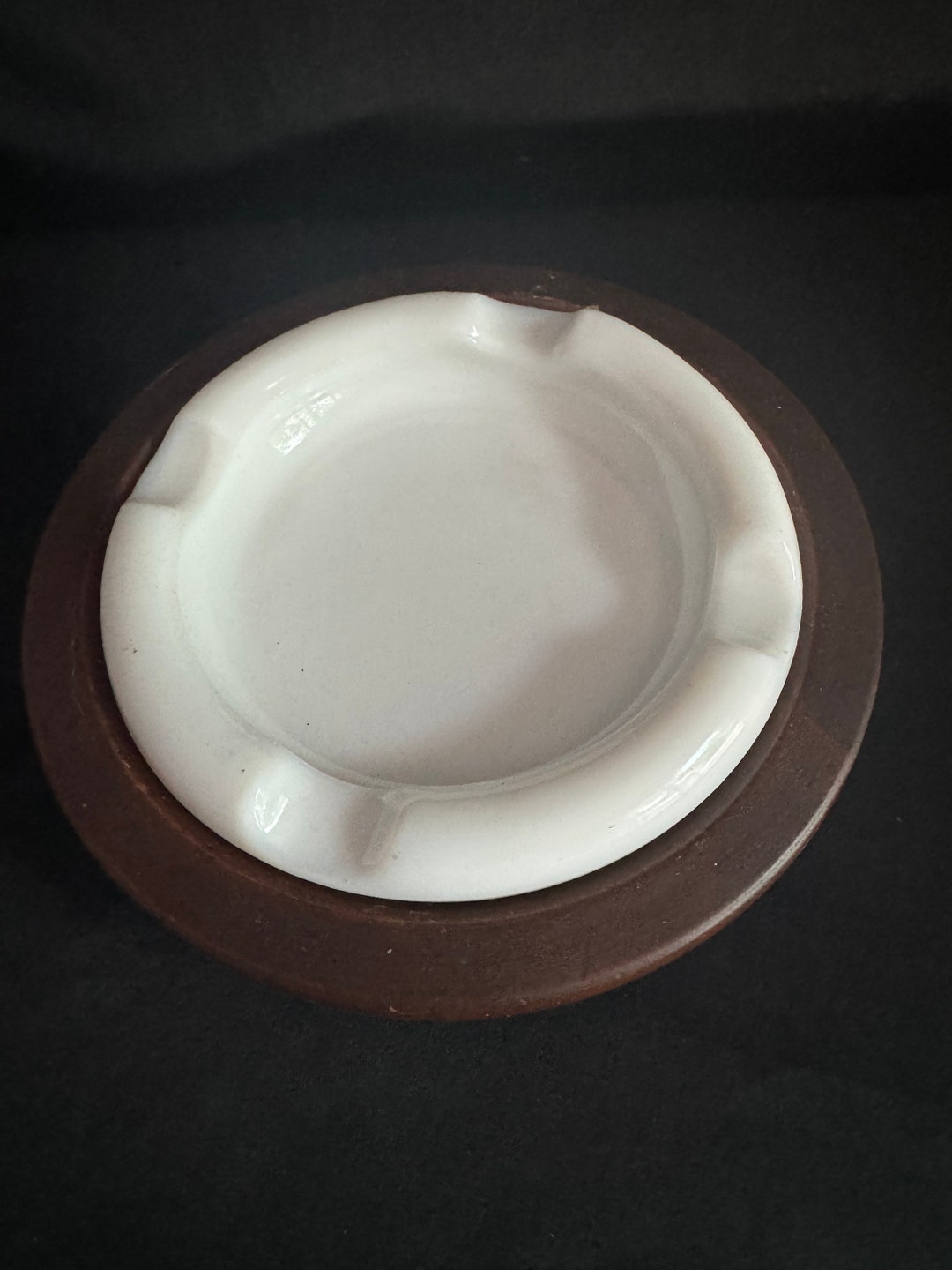 Vtg Cigar Ashtray , Cigarette Ashtray, 2 Pc , Round ,milk Glass & Teak ...