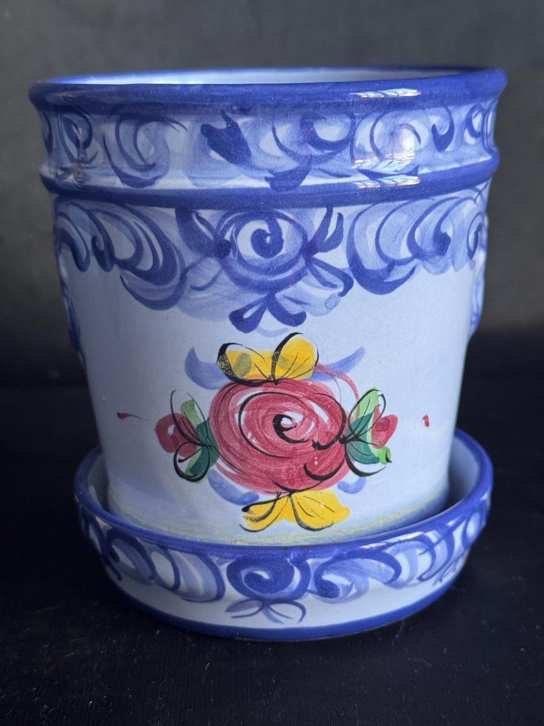 Imp Flower Pot , Blue , Hand Painted ,3d Floral Portugal , Planter Pot ...