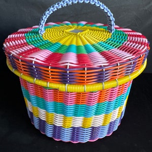 Easter Basket ,multi Use Basket Woven, Lidded,round Rainbow ,nylon ...