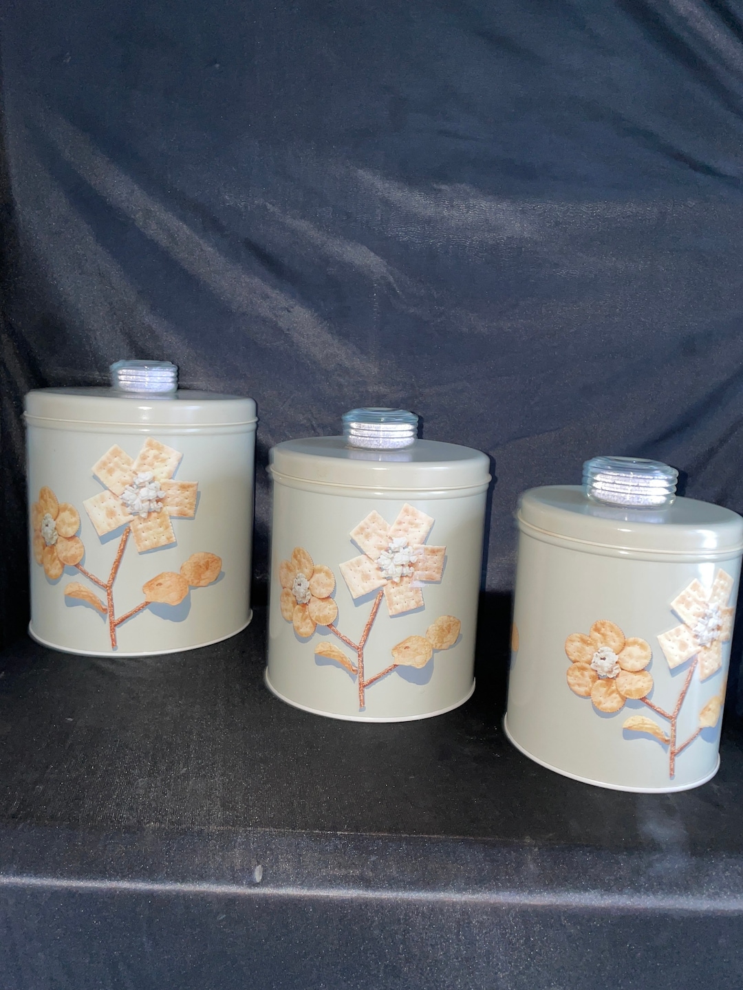 Vtg Canister Set ,3 krispy Krackers Can , Blue Magic , Cylinder, Lidded ...