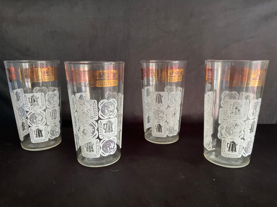 Vtg Bevarage Glasses 4 Pennsylvania Dutch, White Lace Silkscreen Coffee ...