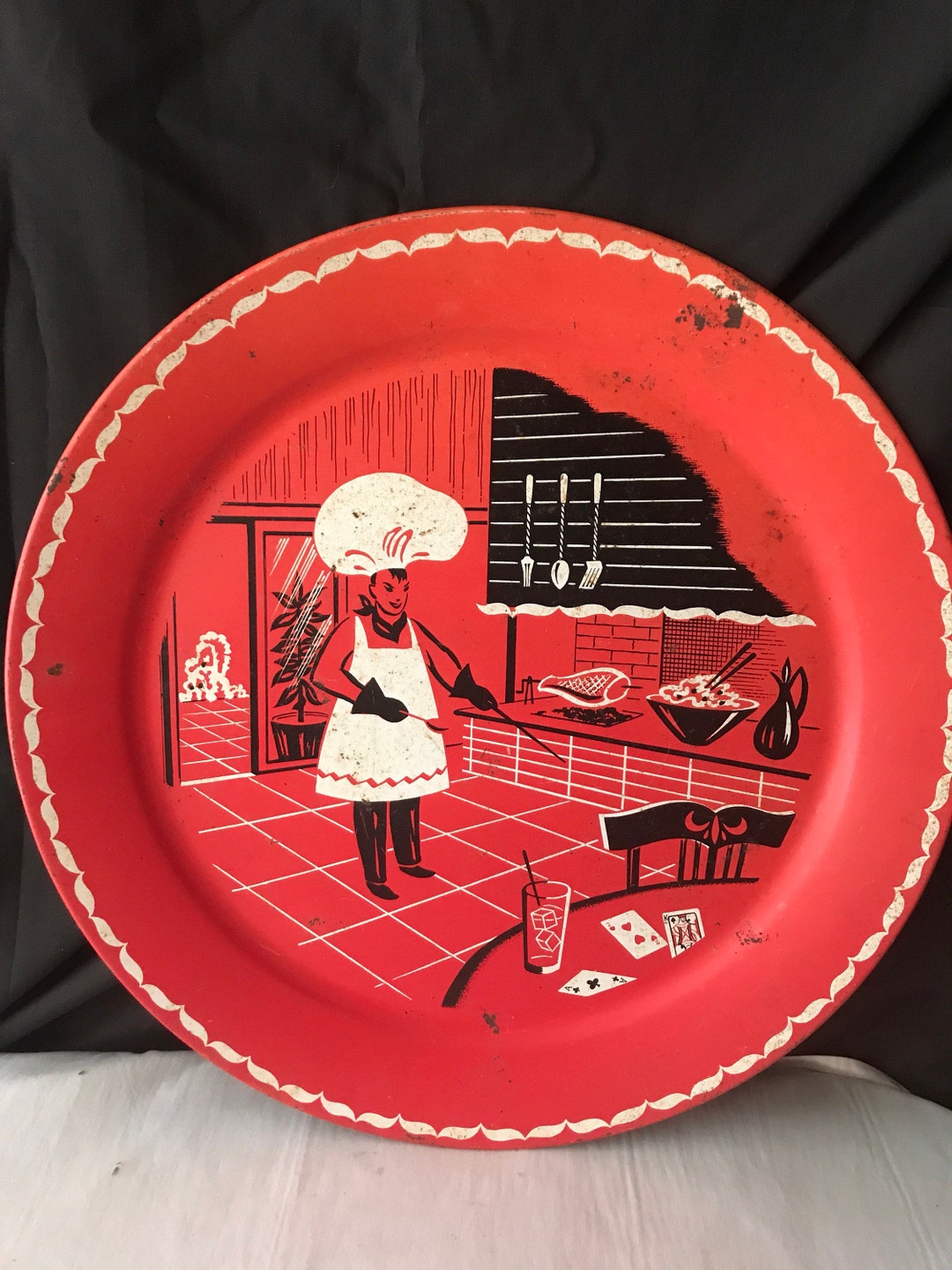 Mcm Metal Serving Tray Themed. Large Round Outdoor BBQ - Etsy