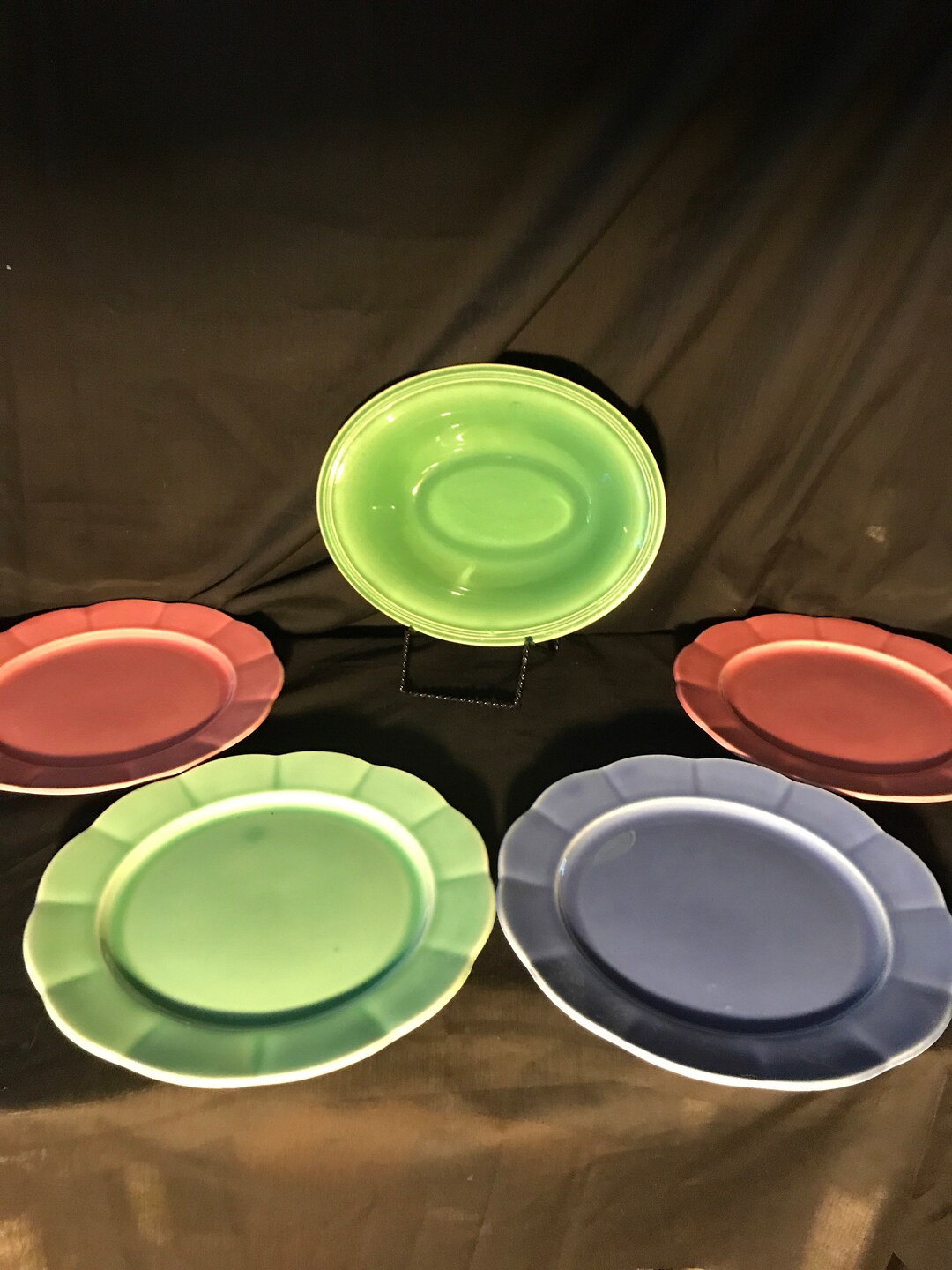 Vtg Stoneware Plates,4 Pottery Solid Color With Serving Bowl ...