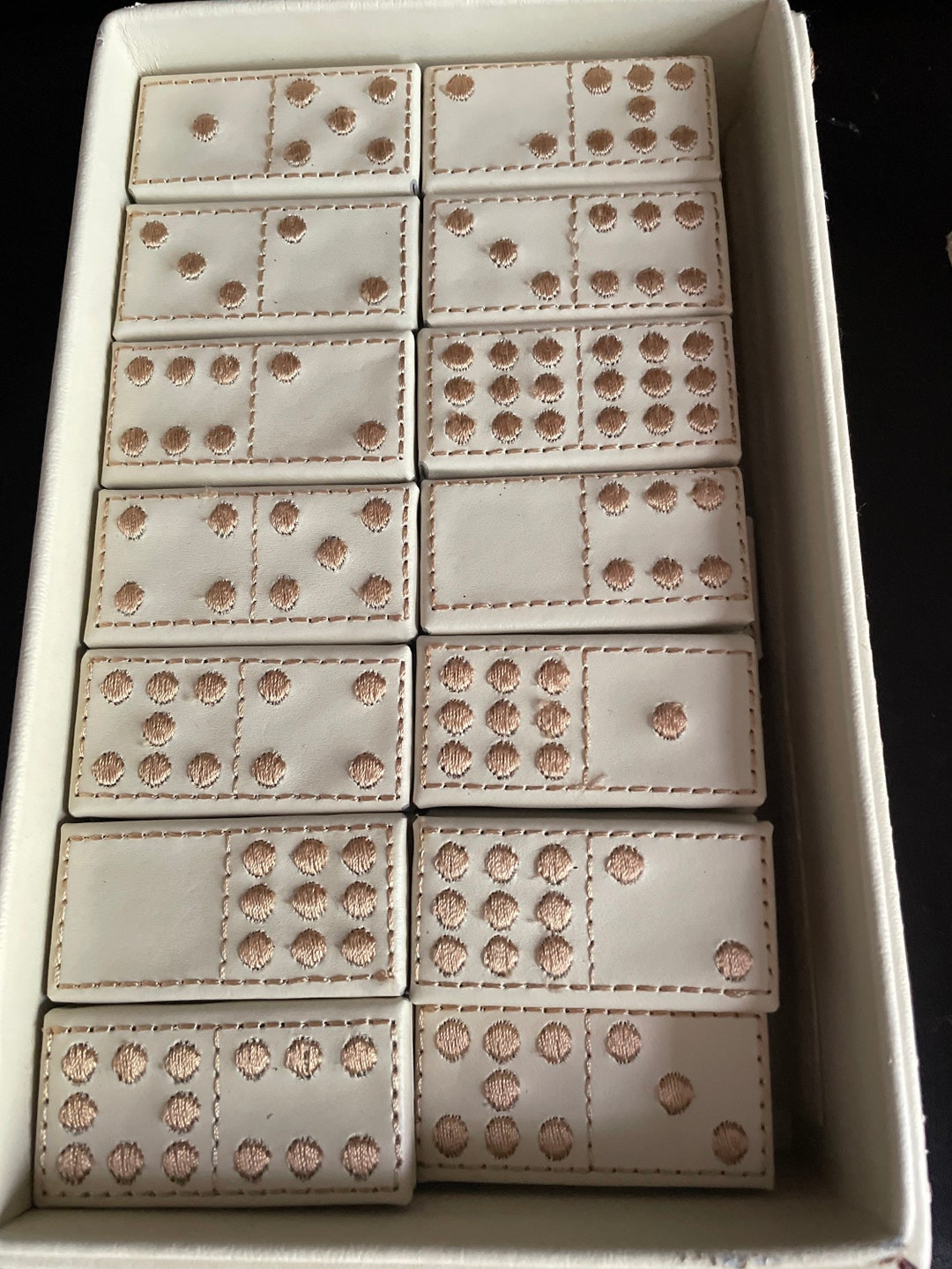 Leather Domino’s Set , Double 9’s ,ivory Leather With Metallic Ivory ...