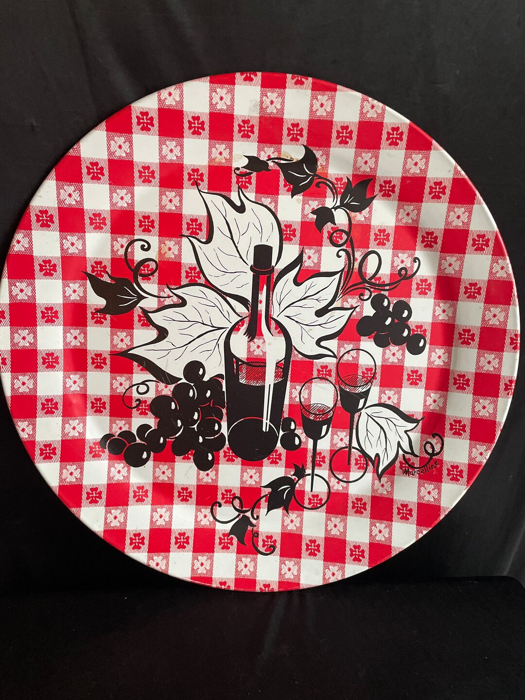 Vtg Metal Tray,decor ,checkerboard Table Theme, Wine , Wine Glasses ...