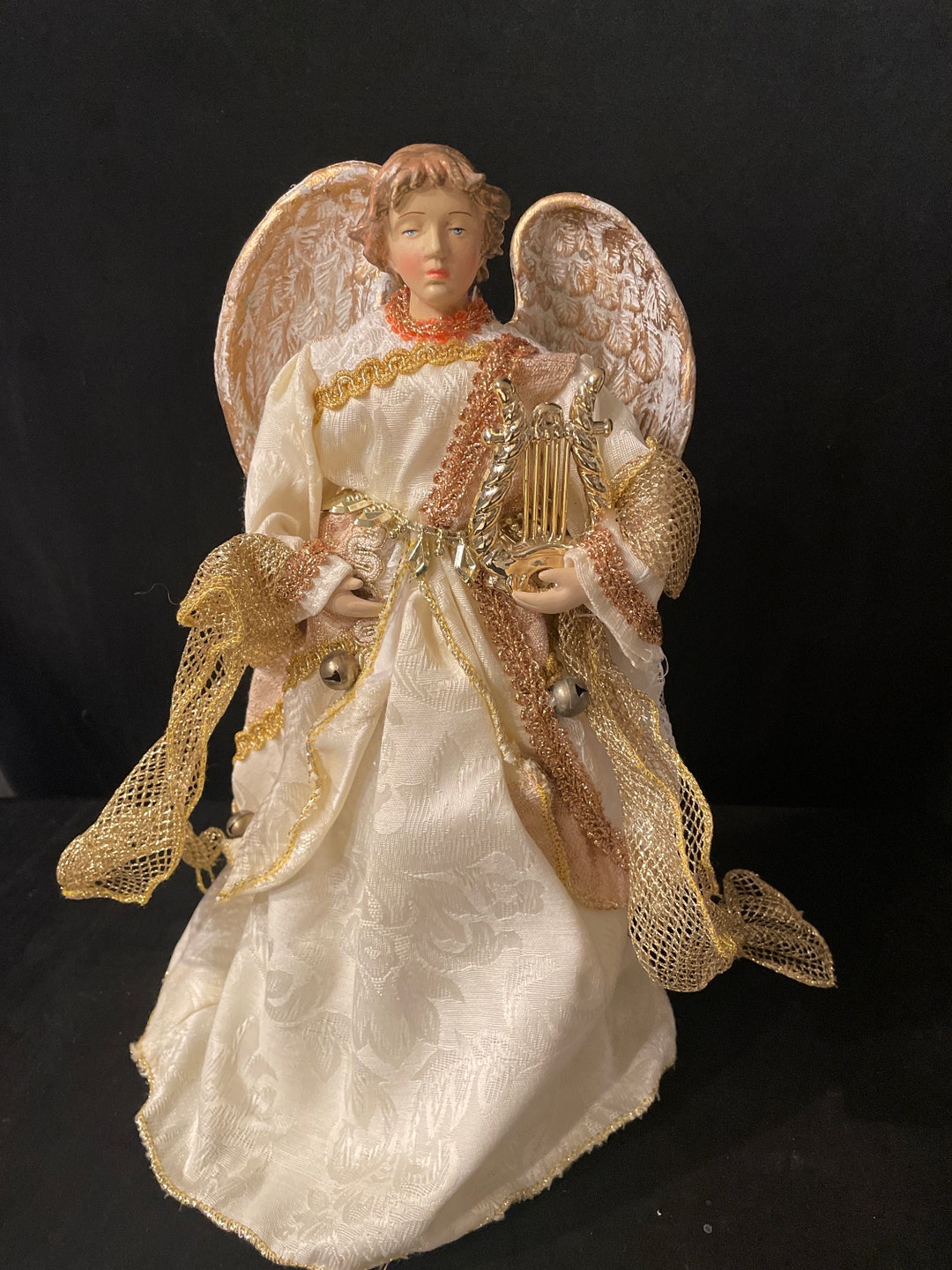 Victorian Tree Top Angel , Holding Harp , Composite Flecked Wings - Etsy