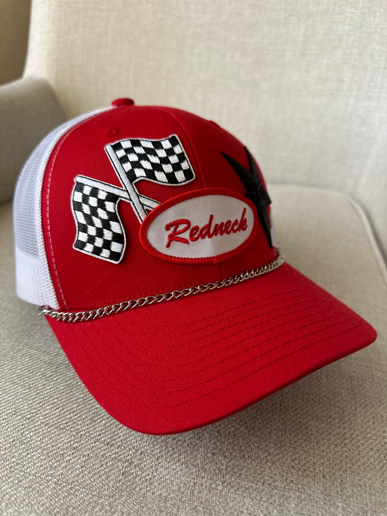 Red Trucker Hat With Patches: Checkered Flag, Hat Chain - Etsy