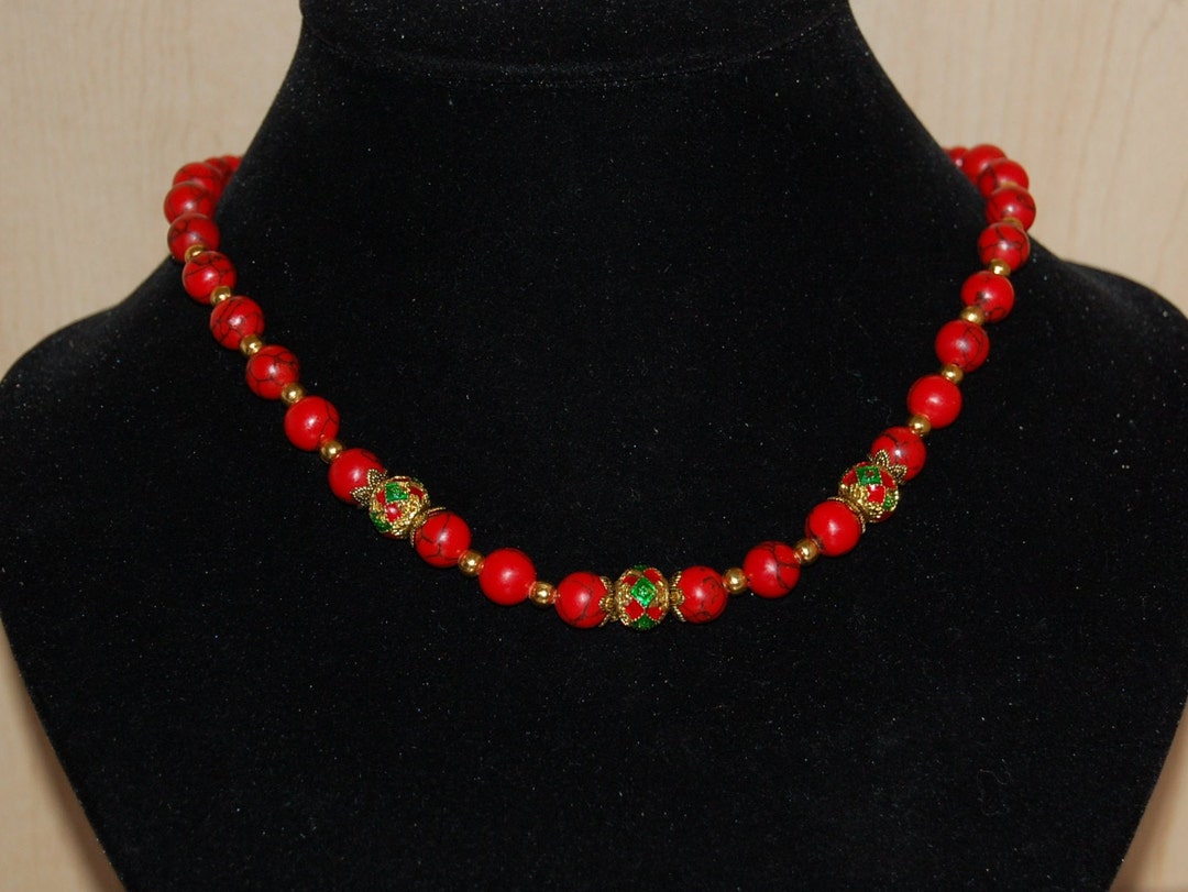Red Howlite Necklace,golden Charms,red Gemstone Necklace,red Necklace ...