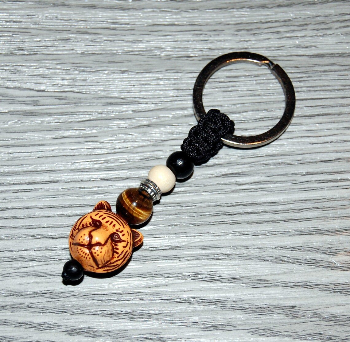 Tiger Keychain,tiger Head Keyring,tiger Eye Gemstone Bead,wood ...