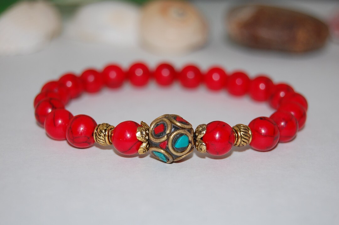 Red Stone Bracelet,tibetan Bracelet,coral Brass Focal Bead,red Coral ...