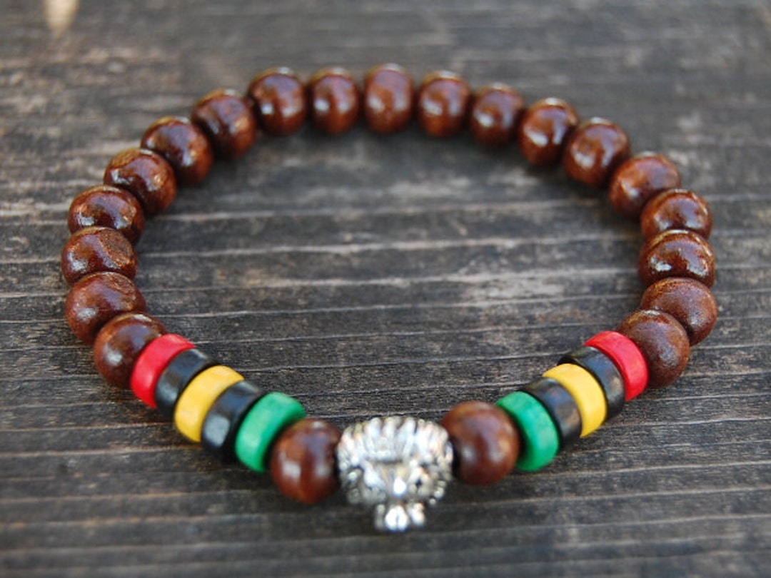 Lion Bracelet,silver Lion Head,8mm Wood Beads,rasta Beads,lion Head ...