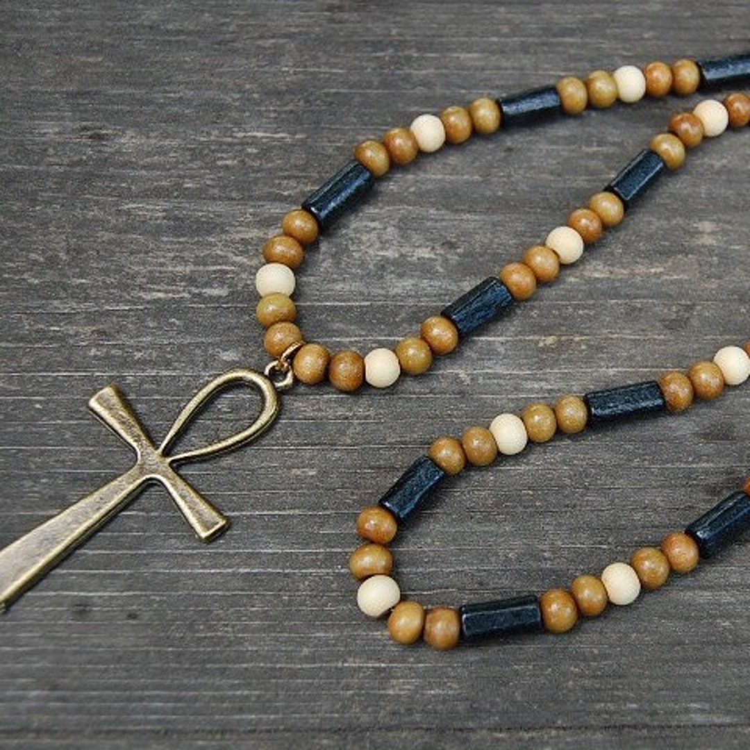 Ankh Cross Necklace,wood Beads,bronze Ankh Cross Pendant,key of the ...