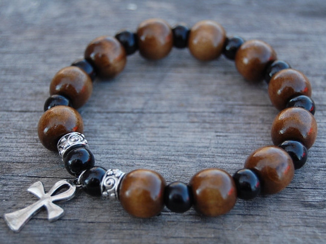 Ankh Cross Bracelet,wood 10mm Beads,egyptian Ankh Cross,key of the Nile ...