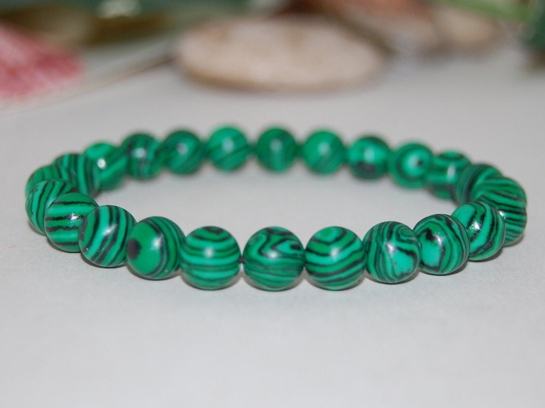 Pulsera de malaquita, hermosas cuentas de malaquita hechas por el hombre de 8 mm, pulsera verde ...