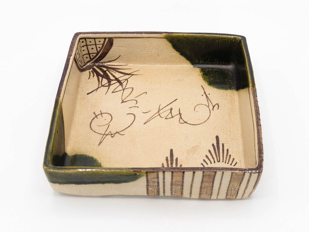 Japanese Pottery Square Plate Geometric Design Green Glaze Oribe Ware ...
