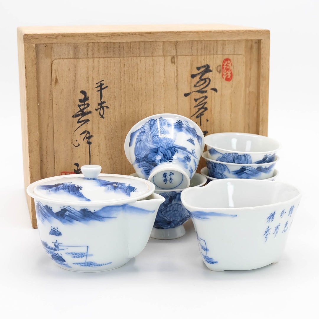Japanese Tea Set Sometsuke Blue and White Landscape Sansui by Heian ...
