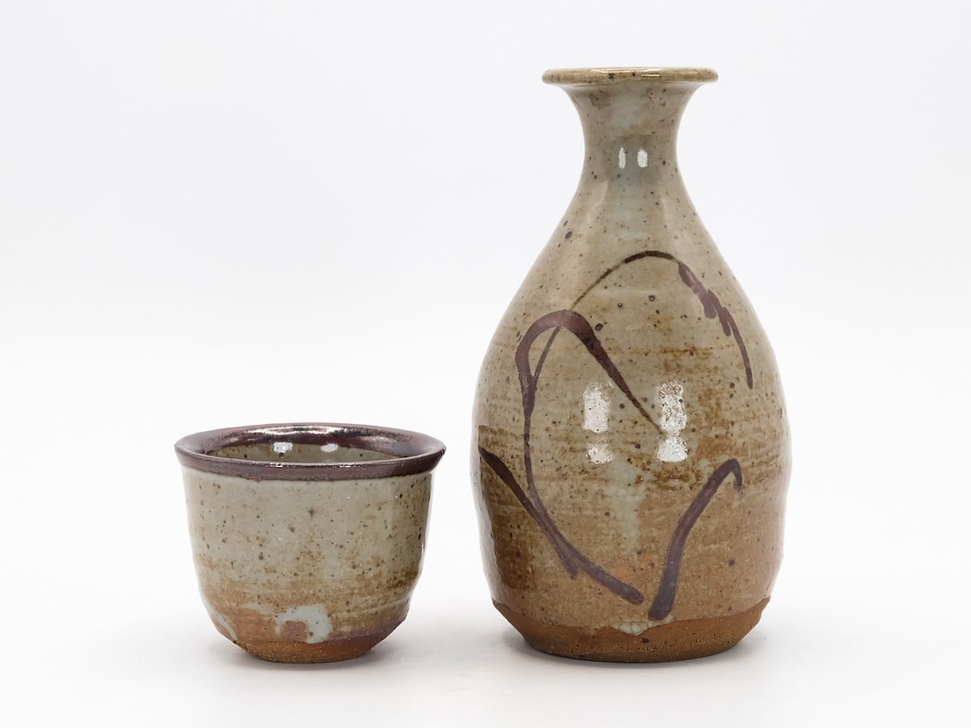 Japanese Pottery Sake Set Reed Design by Nishioka Koju Karatsu Ware E ...
