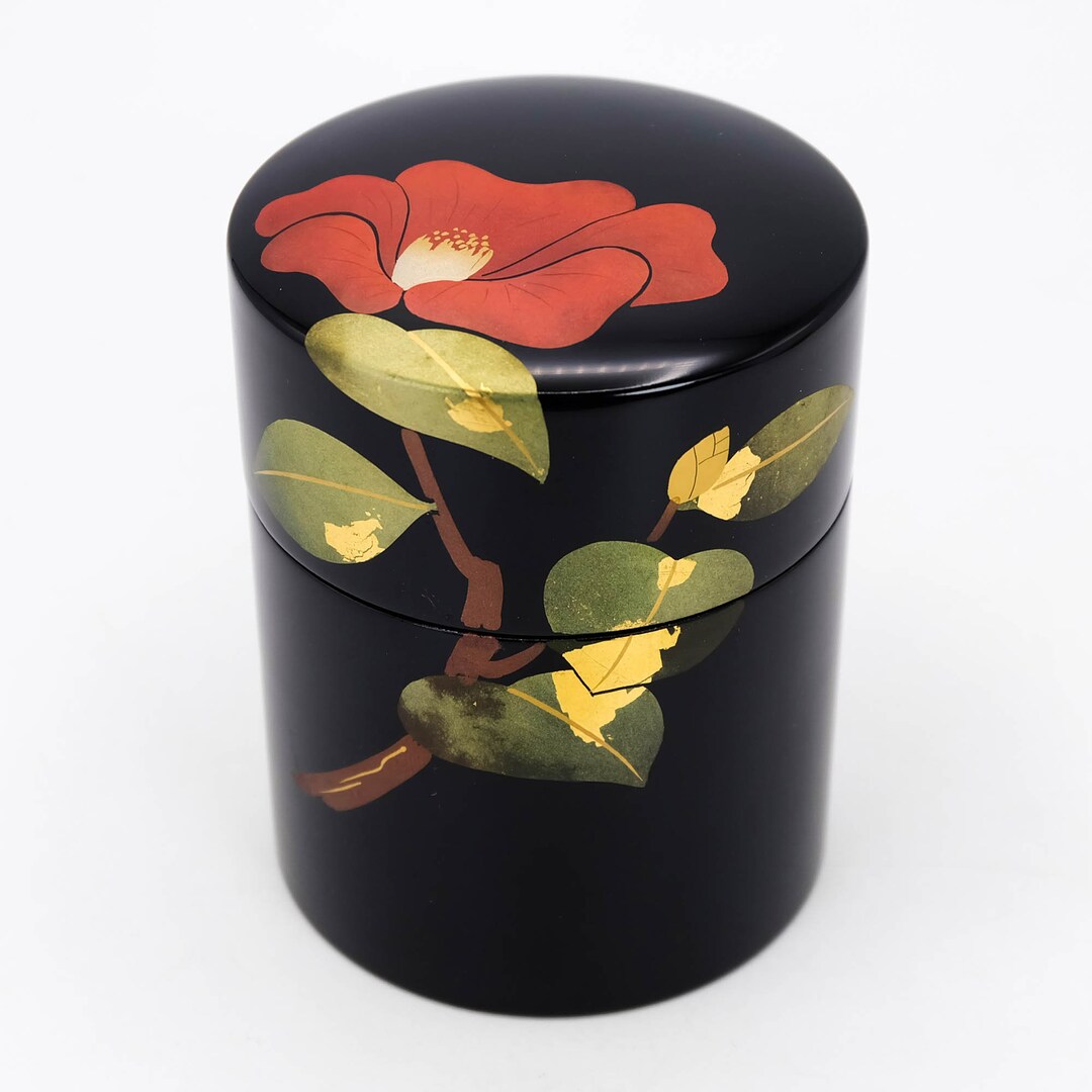 Chazutsu Lacqured Wooden Tea Caddy Black Urushi Camellia Design ...