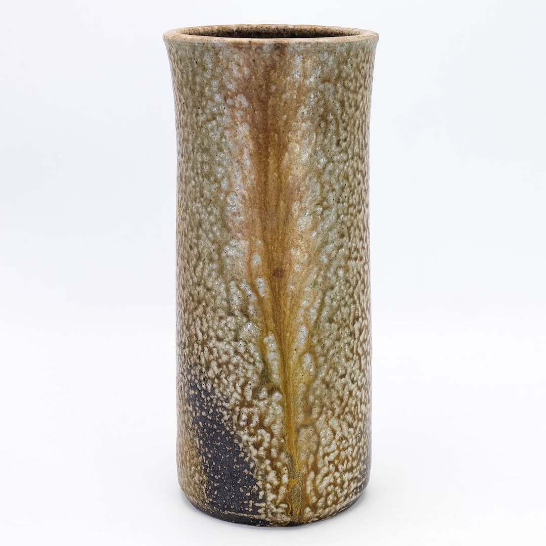 Japanese Pottery Vase Cylinder Shape Wood Fired Natural Ash Glaze Tamba ...