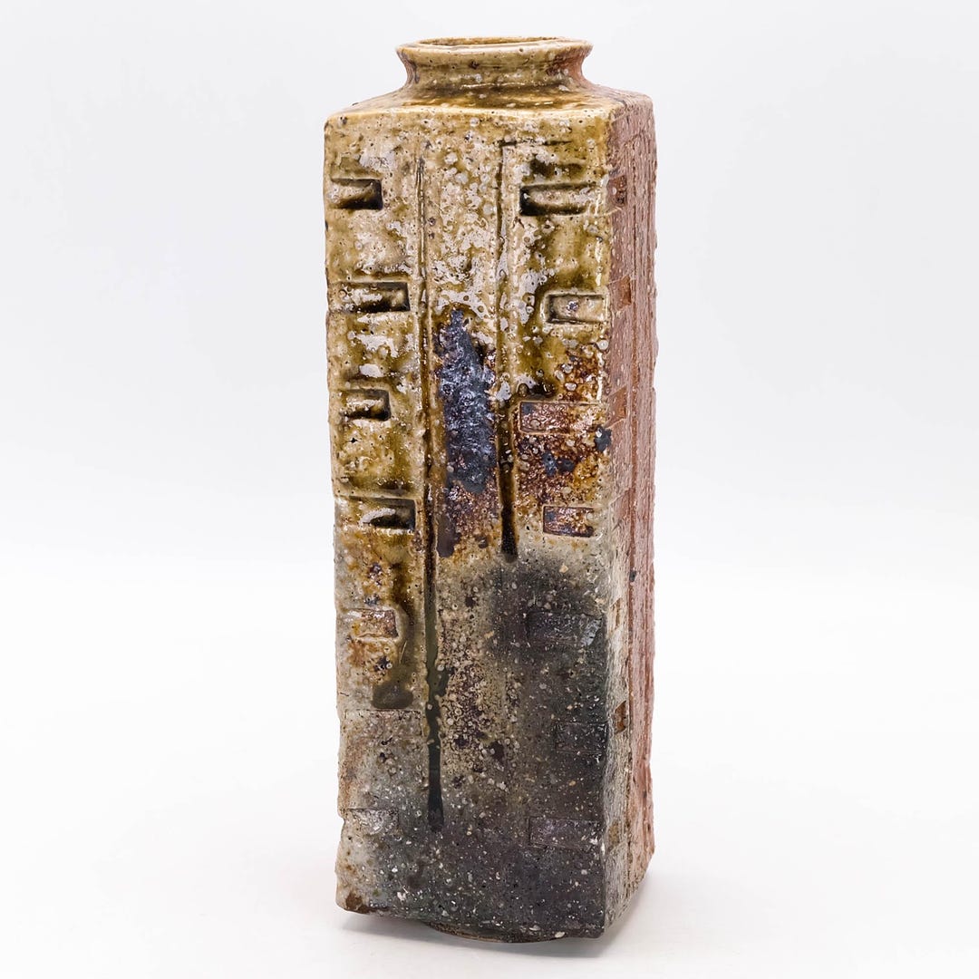 Japanese Pottery Cong Vase Wood-fired Natural Ash Glaze Shigaraki Ware ...