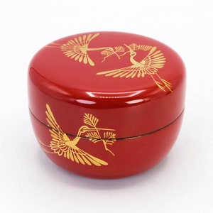 Hira-natsume Lacquered Wooden Tea Caddy Red Urushi Flying Crane Pine ...