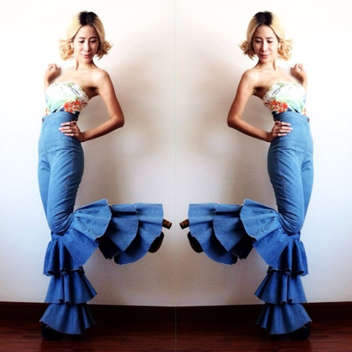 Women's High Waist Denim Jeans Ruffle Tiered Bell Bottom - Etsy