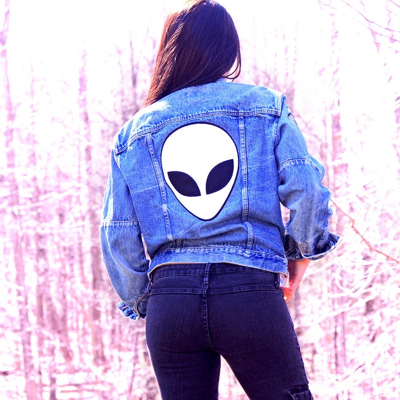 Alien Embroidered Jean Jacket Tumblr NASA Space Galaxy Edgy | Etsy