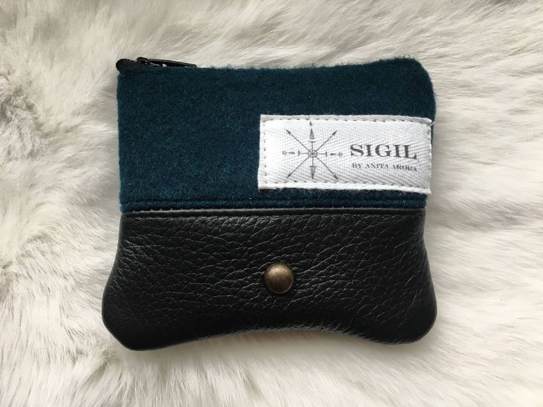 Id/coin Purse: Teal Wool / Black Leather - Etsy