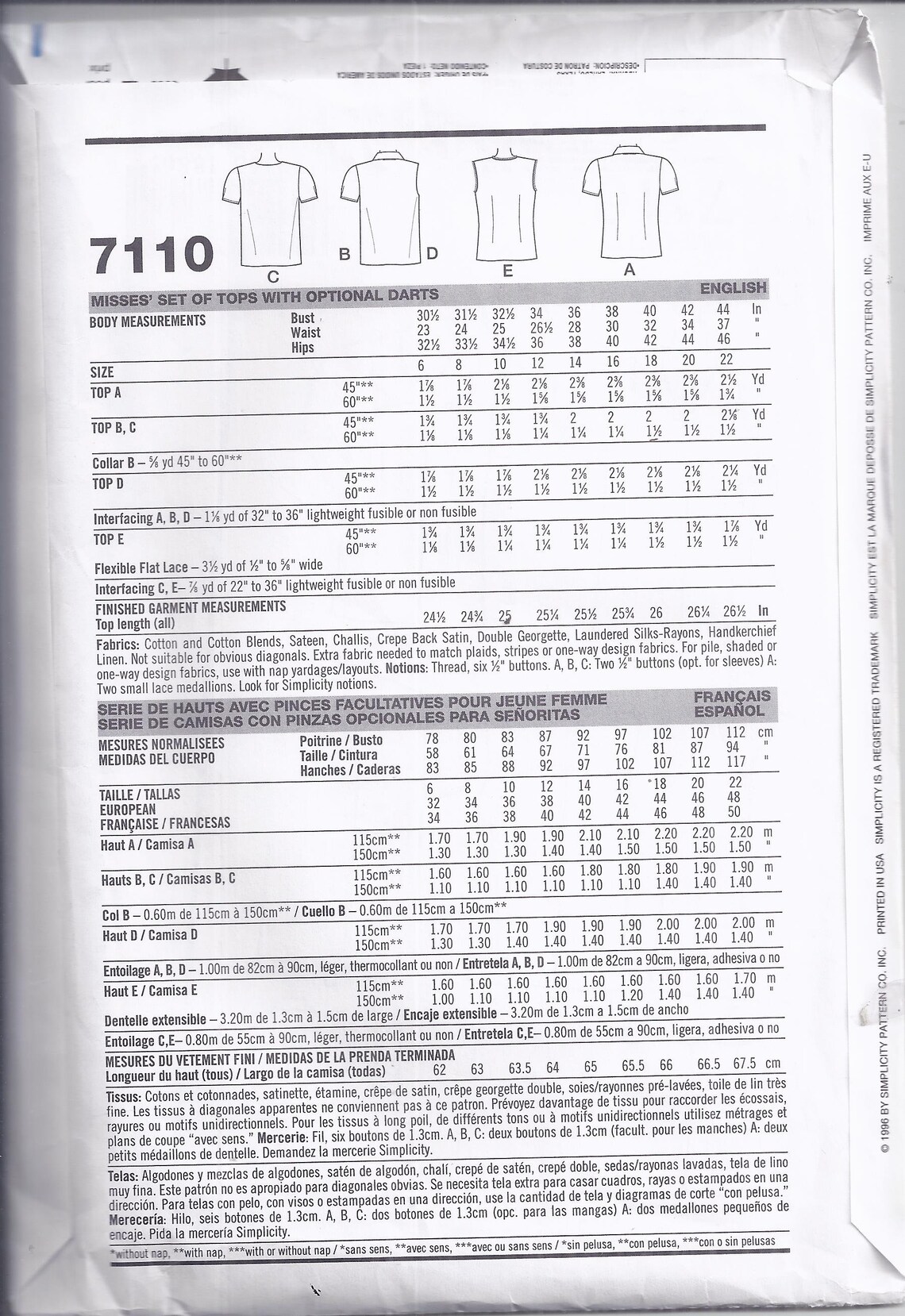 Simplicity Sewing Pattern 7110 From 1996. Misses Tops With - Etsy