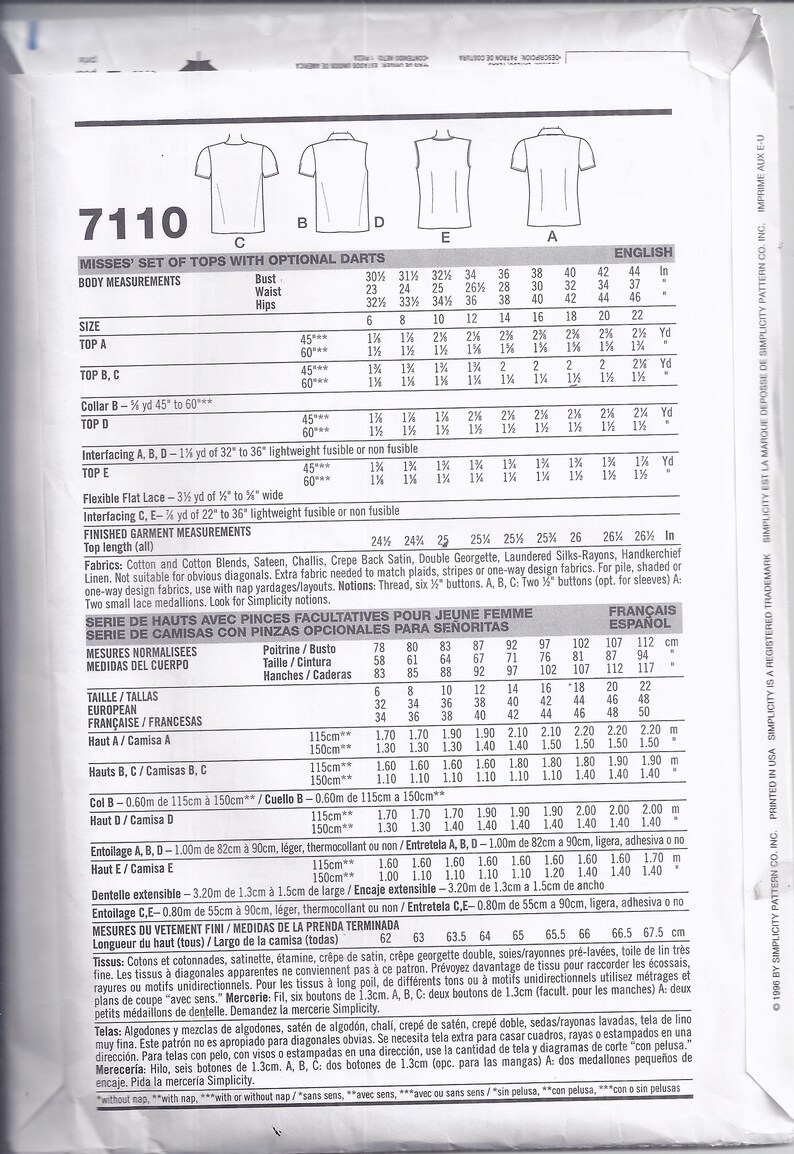 Simplicity Sewing Pattern # 7110 From 1996. Misses Tops With Optional ...