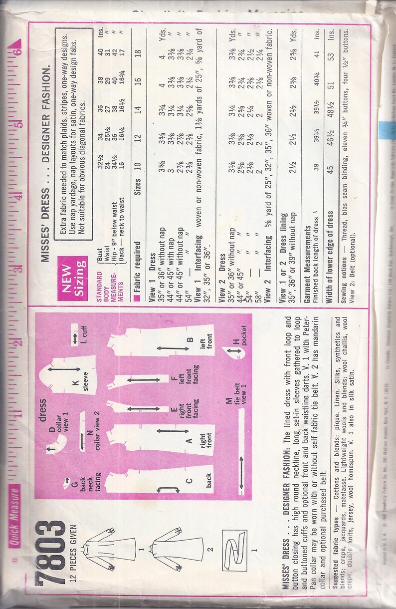 Simplicity 7803 Vintage 1968 Sewing Pattern. Misses Dress: - Etsy