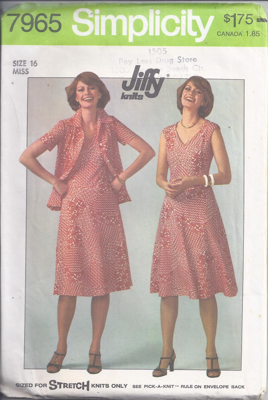 Simplicity Pattern # 7965 From 1974: Misses Jiffy Knit Pullover Dress ...