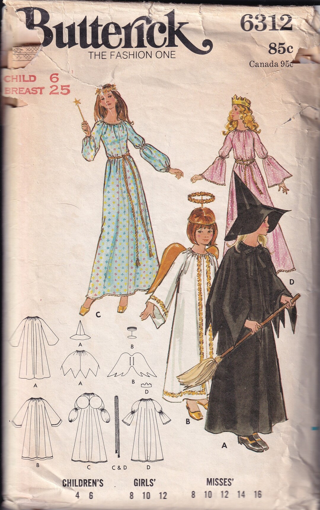 Butterick Sewing Pattern 6312 From 1971. Girl's Costumes, Witch, Angel ...