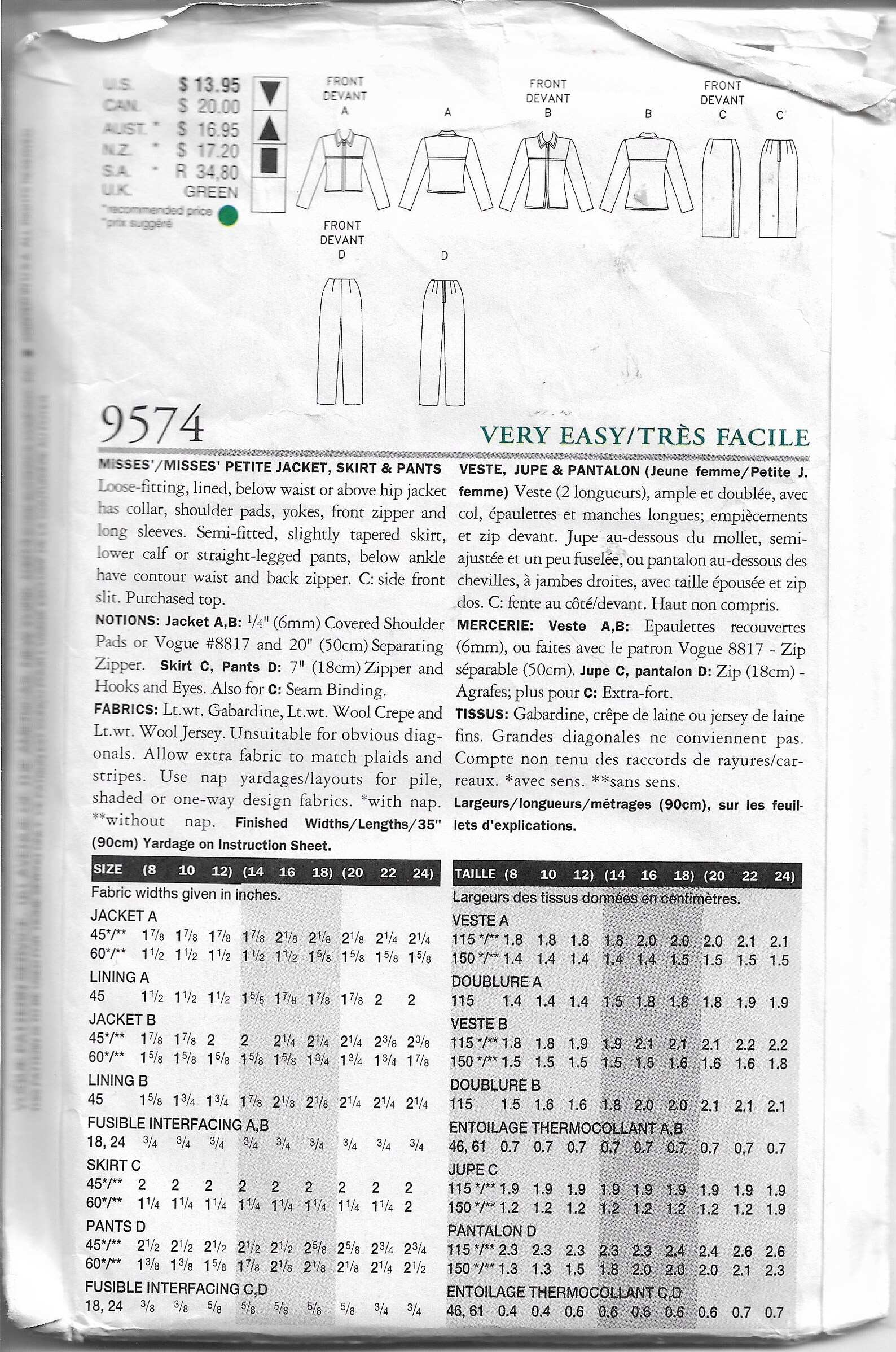 Vogue Sewing Pattern 9574 From 1996. Misses Loose Fitting - Etsy