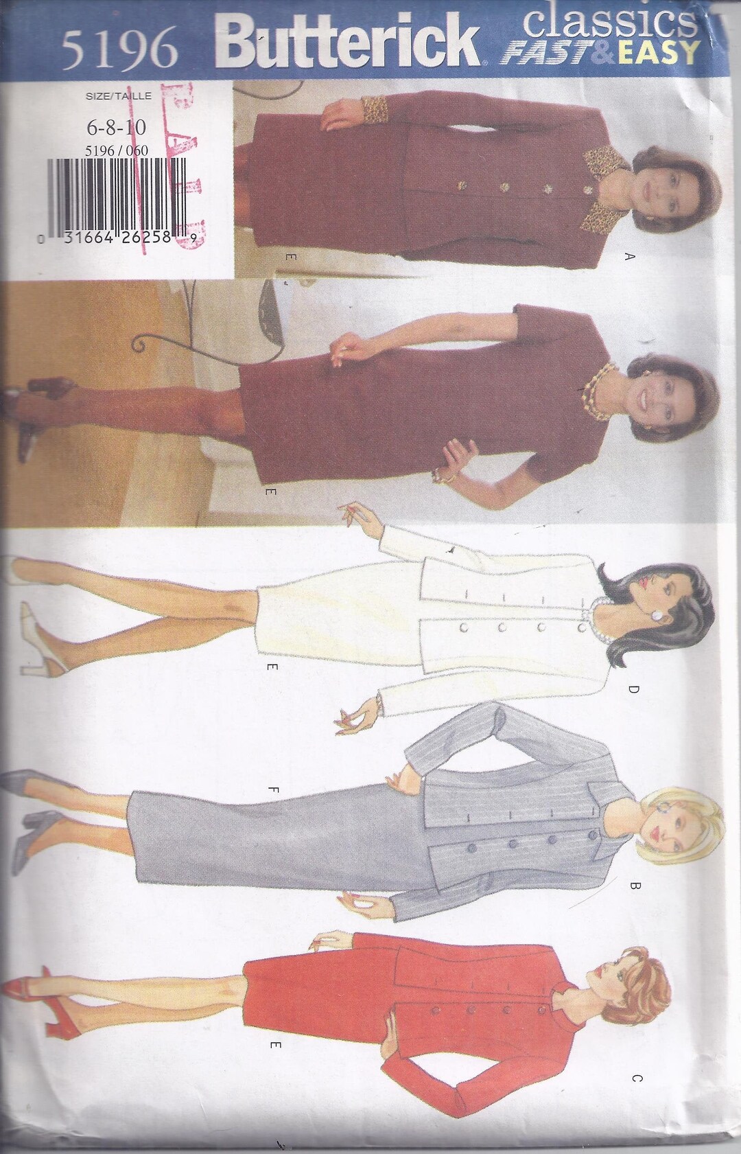 Butterick 4196 Sewing Pattern From 1997. Misses Jacket and Dress. Bust ...