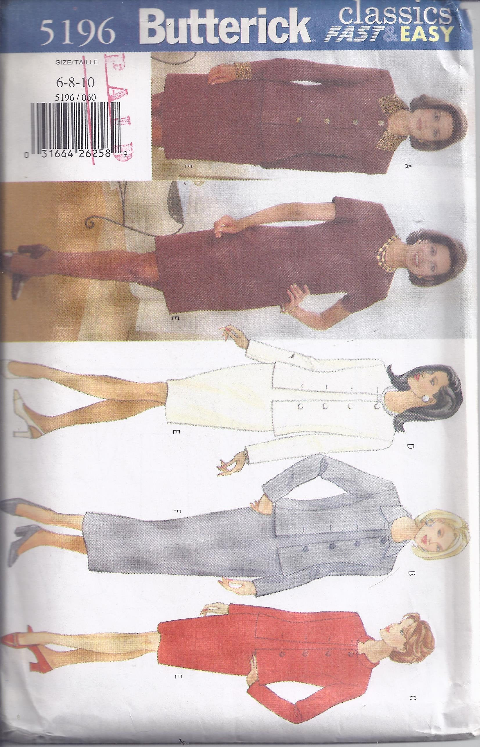 Butterick 4196 Sewing Pattern From 1997. Misses Jacket and Dress. Bust ...