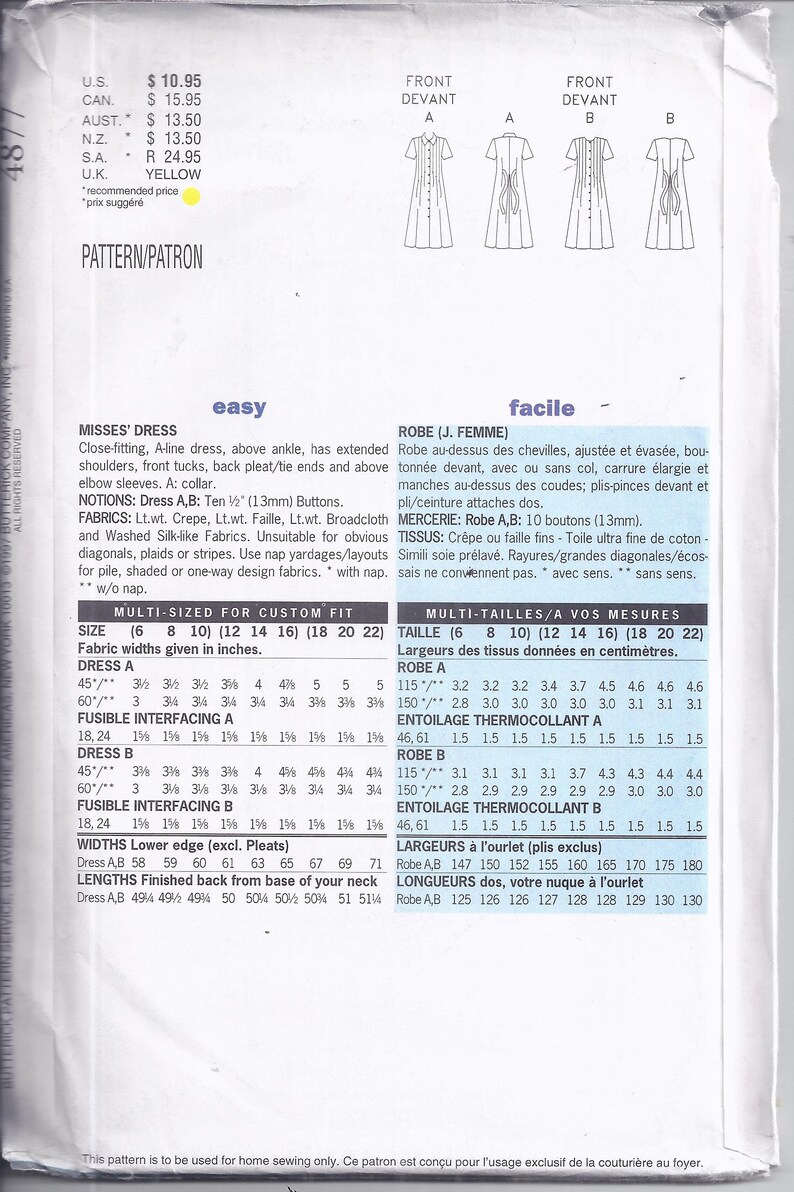 Butterick 4877 Sewing Pattern From 1997. Misses Close Fitting, A-line ...