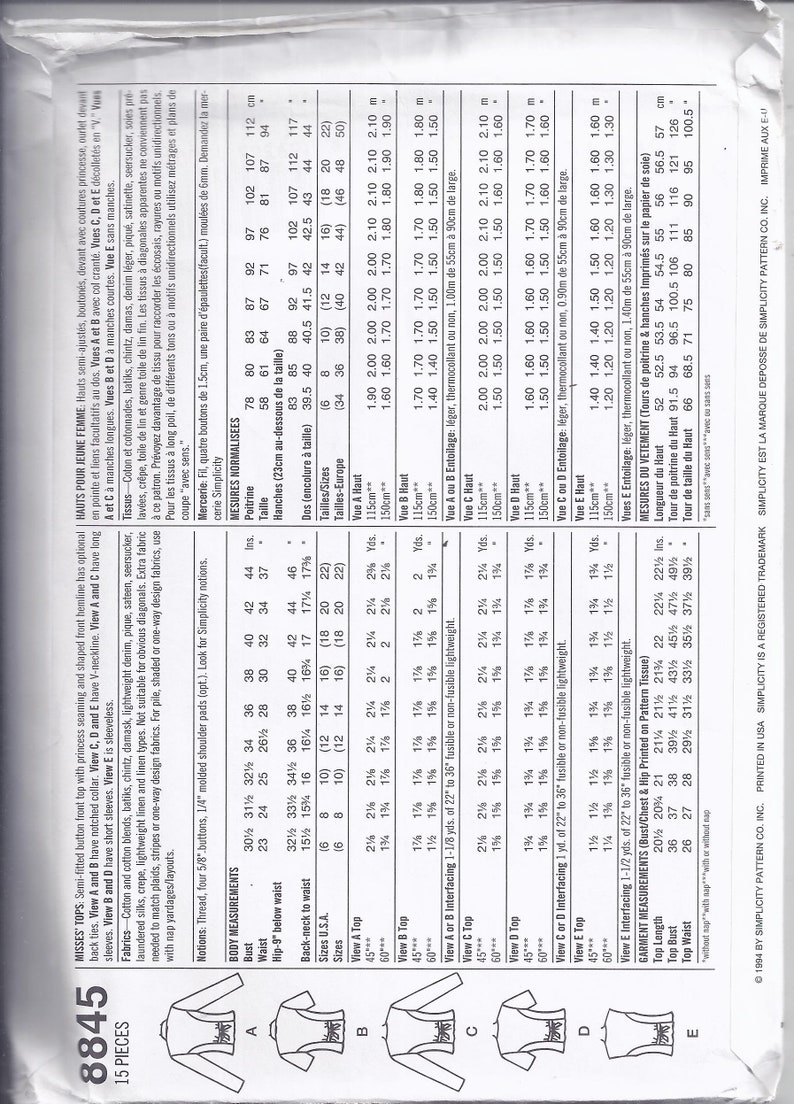 Simplicity Sewing Pattern 8845 From 1994. Misses Tops With | Etsy