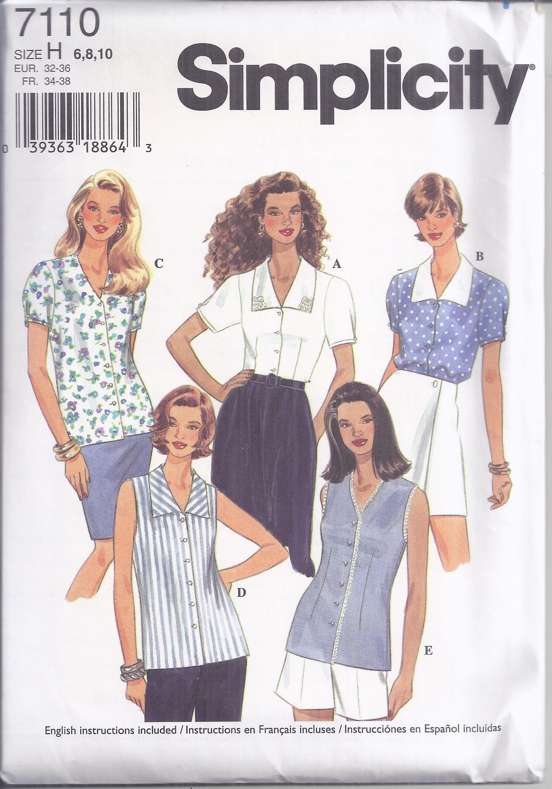 Simplicity Sewing Pattern # 7110 From 1996. Misses Tops With Optional ...