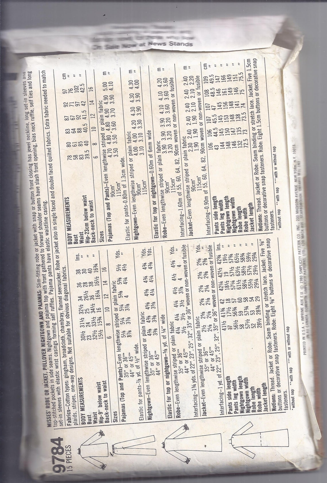 Simplicity Sewing Pattern 9784; ©1980; Misses' Robe or Jacket, Pullover ...