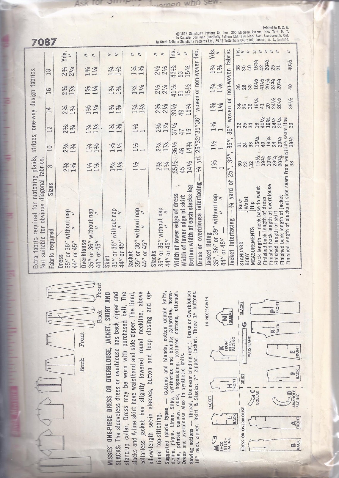 Simplicity 7087 Vintage Sewing Pattern From 1967: Misses Dress - Etsy