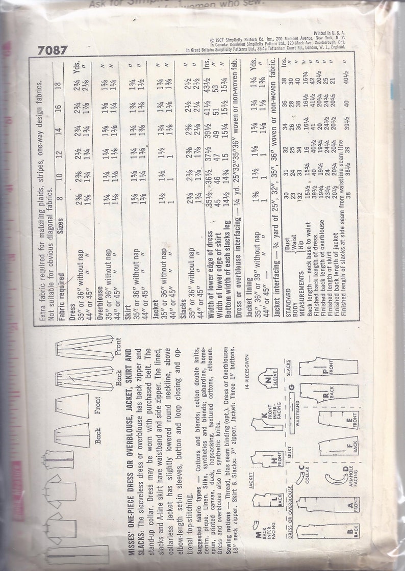 Simplicity 7087 Vintage Sewing Pattern From 1967: Misses Dress - Etsy
