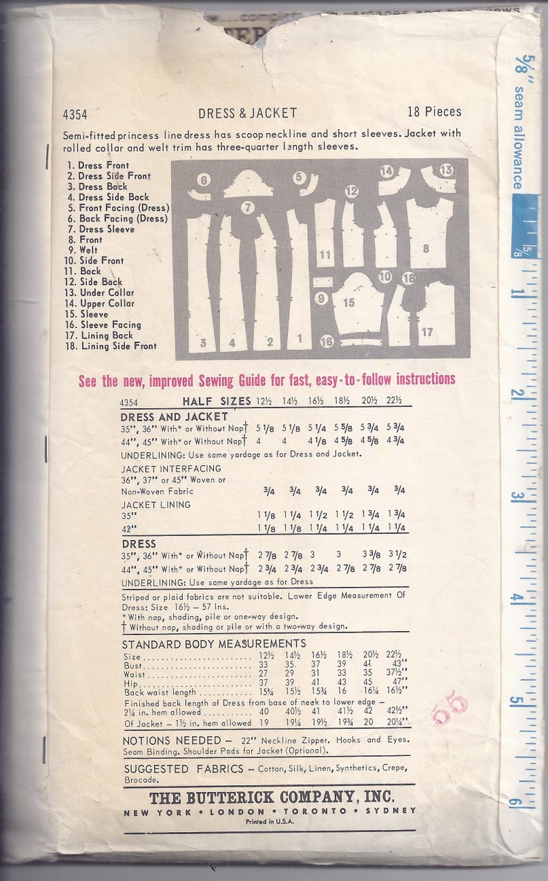 Butterick Pattern #4354 From the 1960's. Misses Dress and Jacket. Bust ...