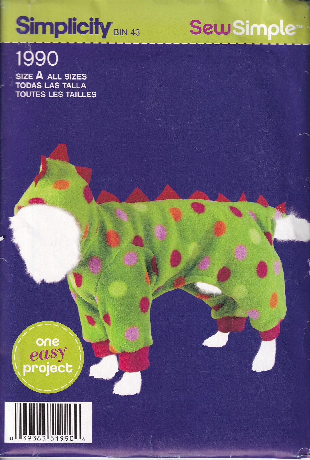 Simplicity Sewing Patterns # 1990 From 2011. Dog Costume. Small-large ...