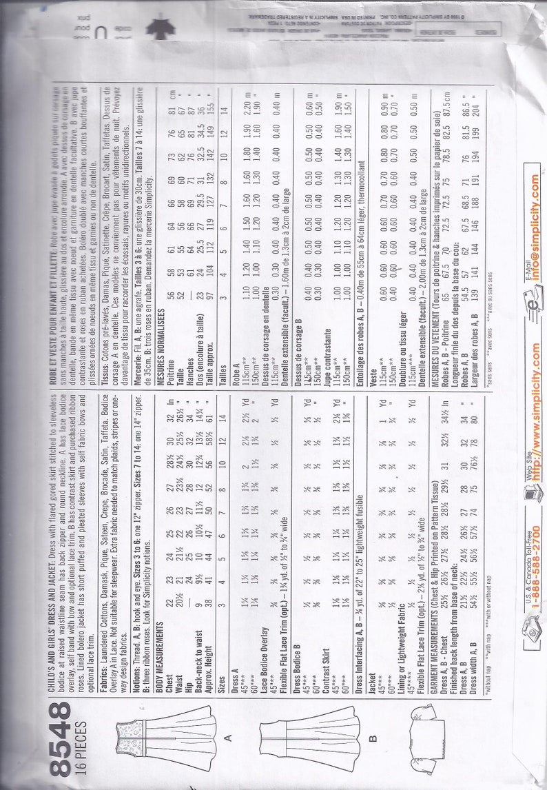 Simplicity 8548 Sewing Pattern From 1998.. Girls Dress and | Etsy