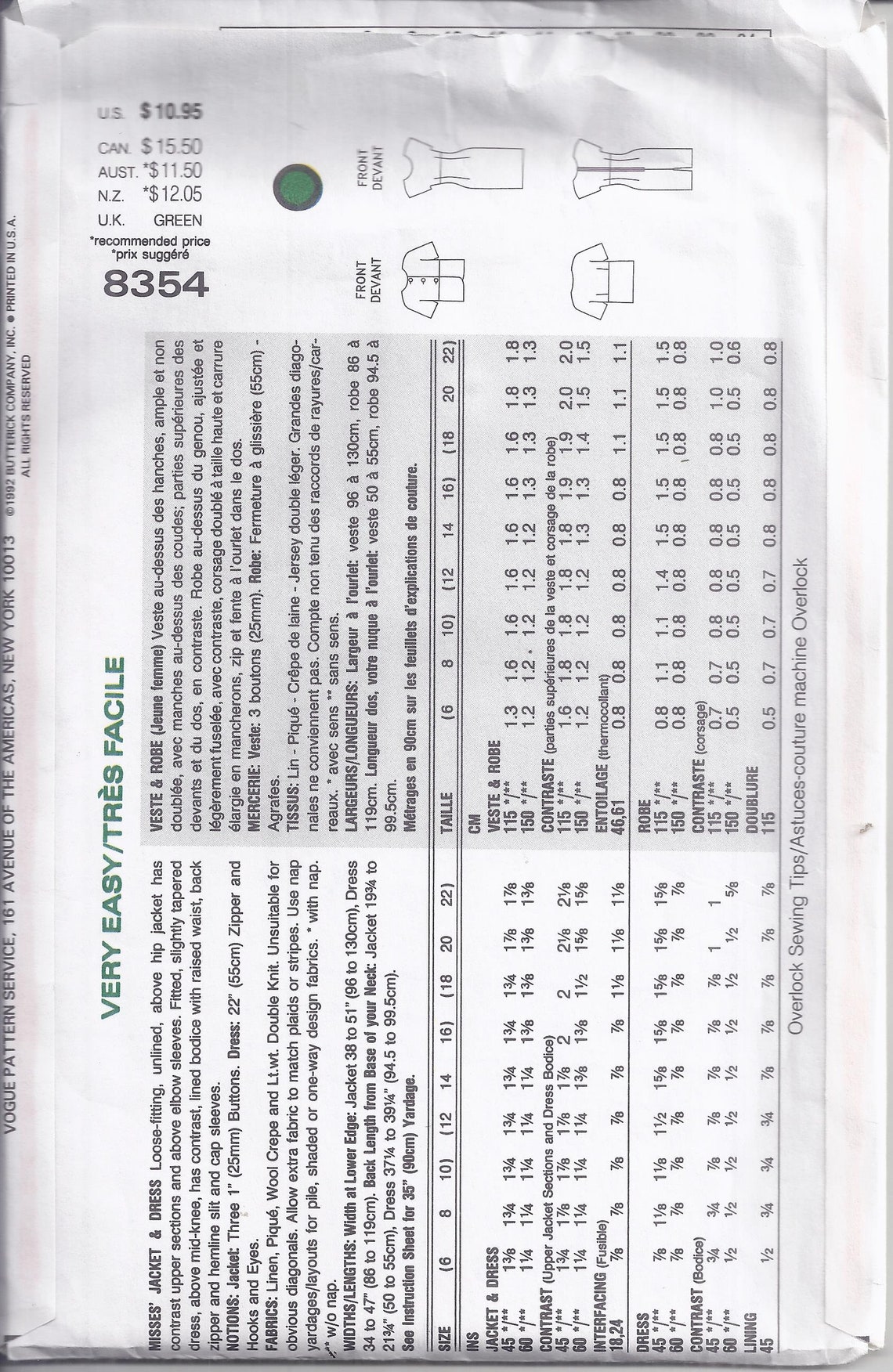 Vogue Sewing Pattern 8354 From 1992. Misses Unlined Jacket and - Etsy