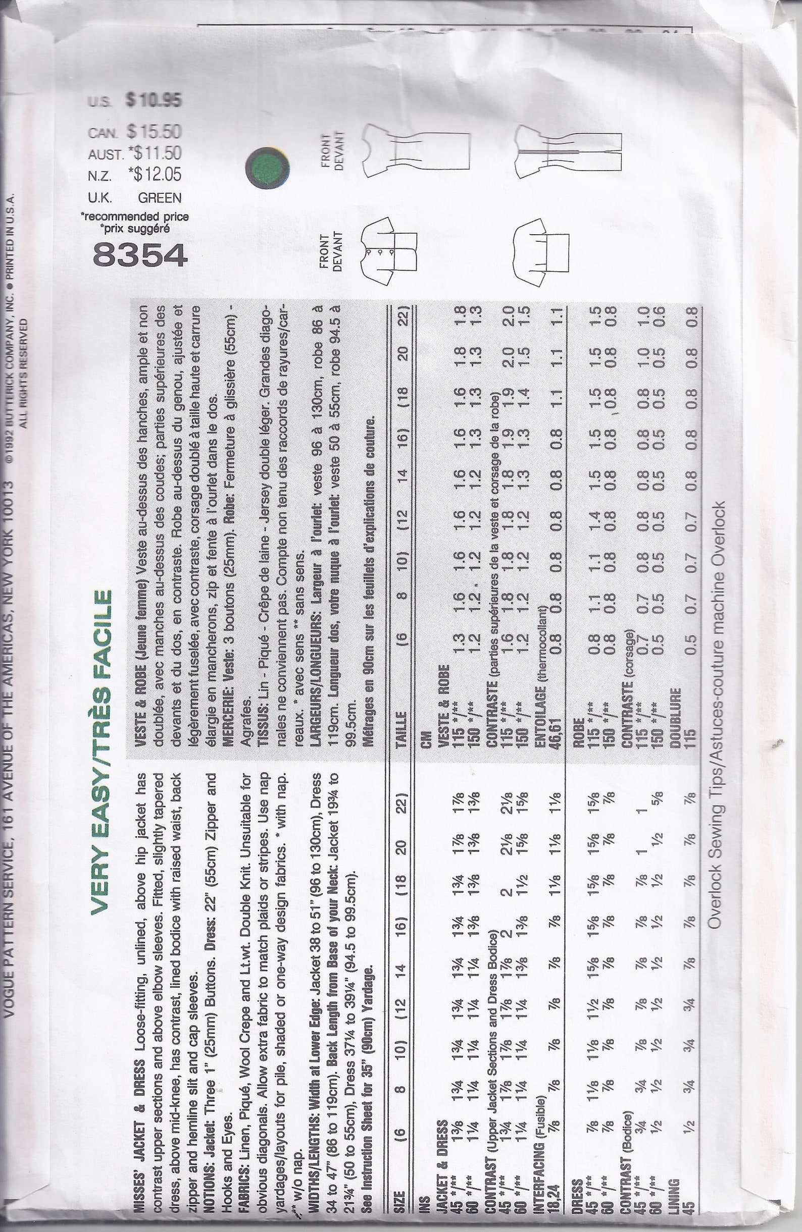 Vogue Sewing Pattern 8354 From 1992. Misses Unlined Jacket and - Etsy