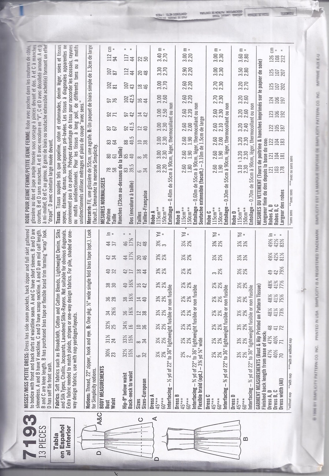 Simplicity 7193 Sewing Pattern From 1996. Misses Dress With | Etsy