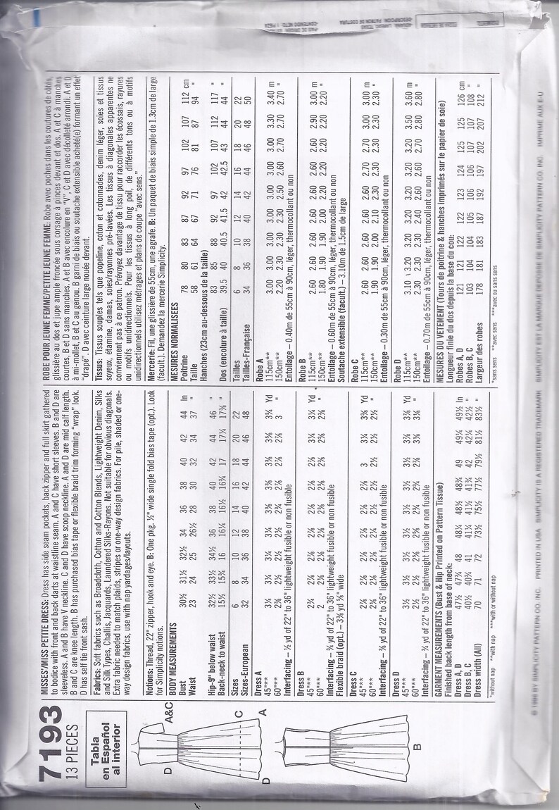 Simplicity 7193 Sewing Pattern From 1996. Misses Dress With | Etsy
